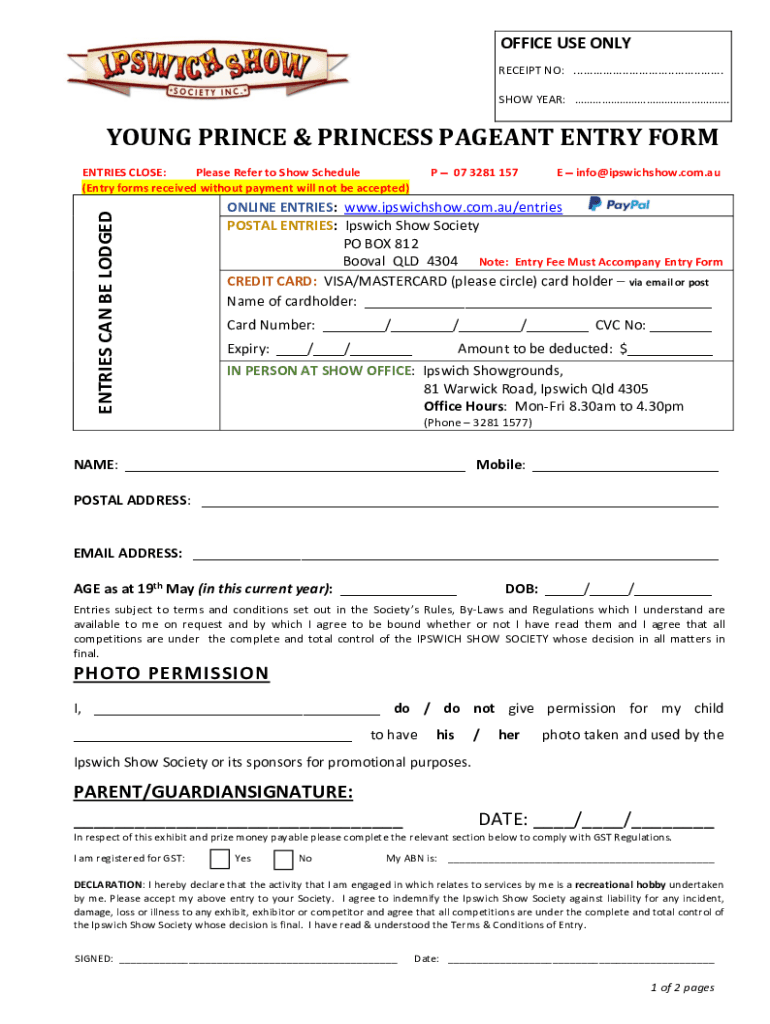 Fillable Online Young Prince & Young Princess Pageant Entry Form 2020 ...