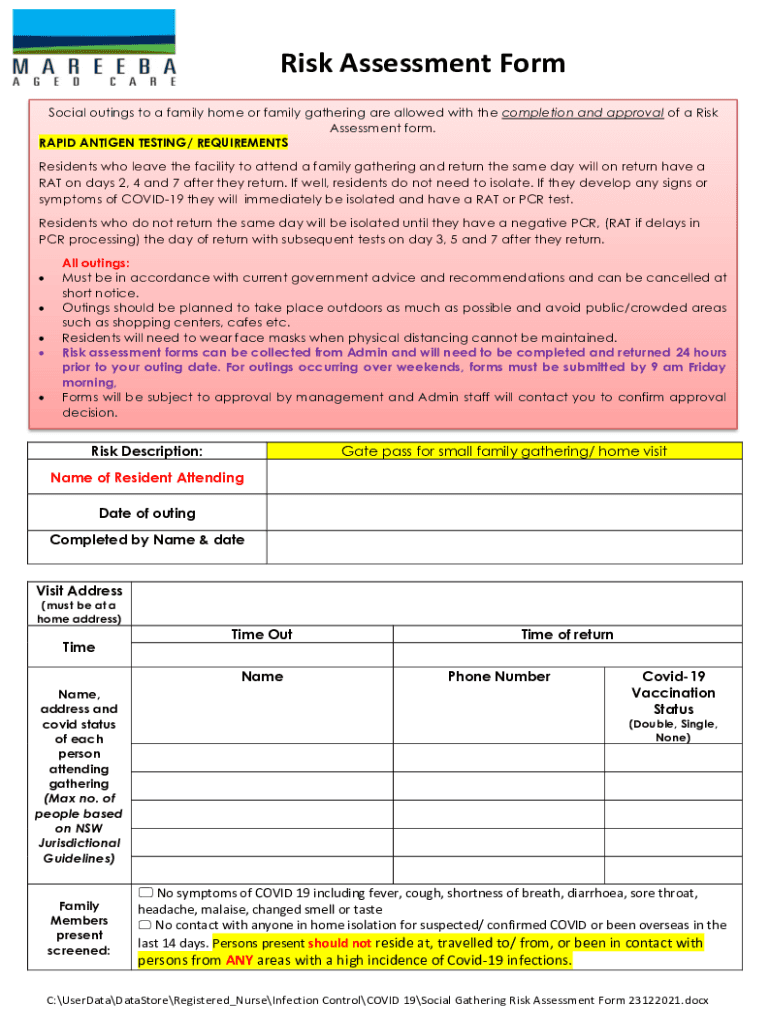 Fillable Online Risk Assessment Form All outings Fax Email Print ...