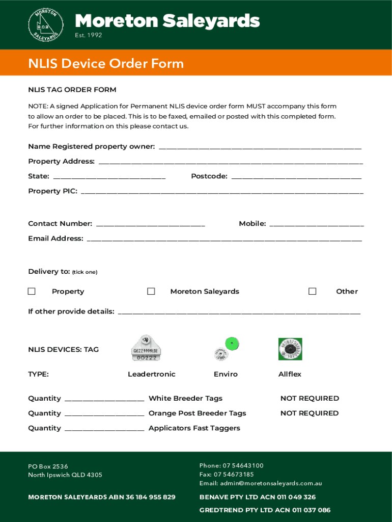Fillable Online Order form: permanent NLIS device or RFIDsheep and ...