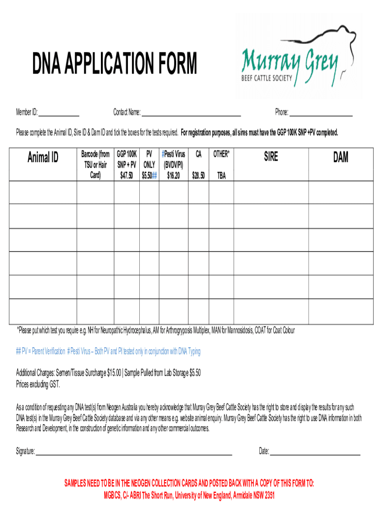 Fillable Online DNA APPLICATION FORM - murraygrey.com.au Fax Email Print - pdfFiller