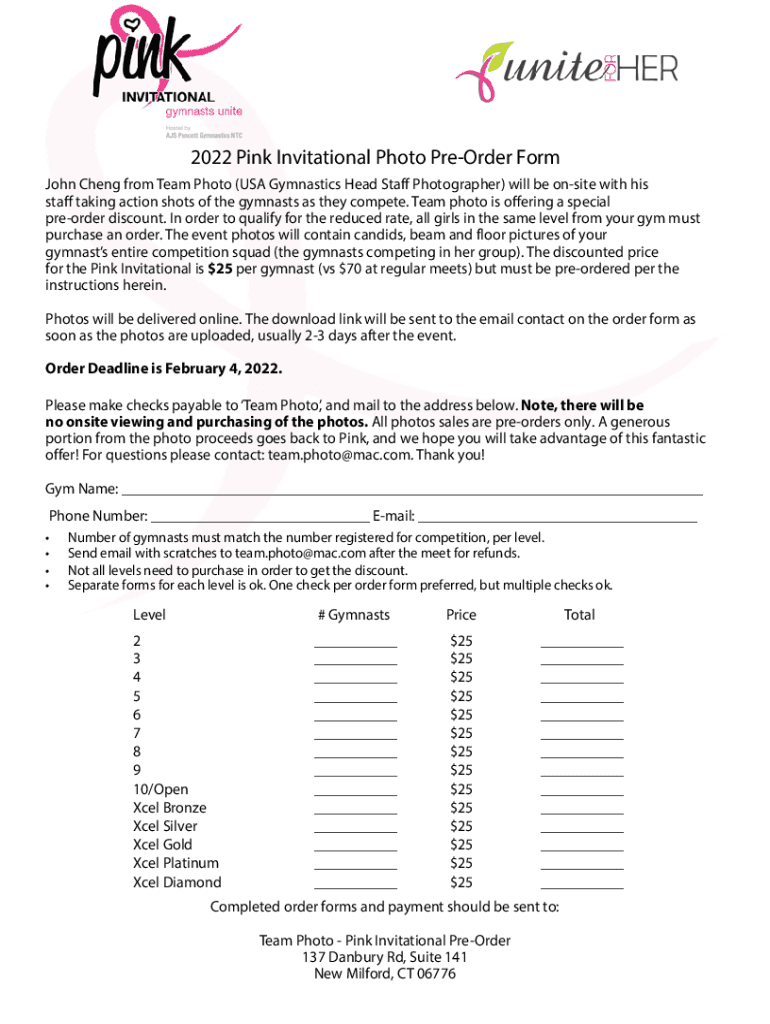 Fillable Online 202 Pink Invitational Photo Pre-Order Form Fax Email ...