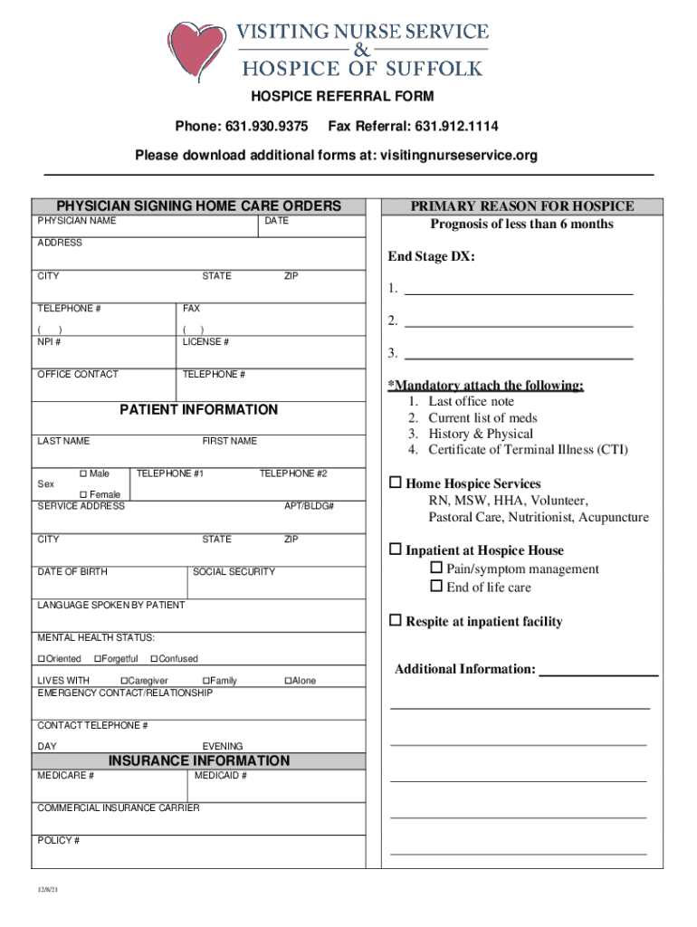 Fillable Online Fillable Online HOSPICE REFERRAL FORM Phone: 631.930. ...