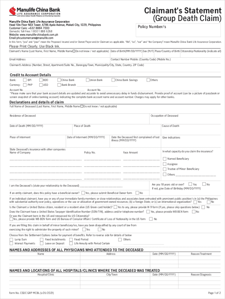 Fillable Online MCBL Claimant's Statement (Group Death Claim)05172021 ...