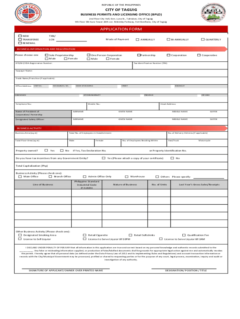 Fillable Online Taguig Business Permit Application Form 2022 - Fill ...