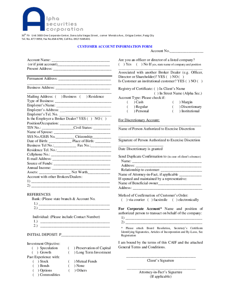 Fillable Online CUSTOMER ACCOUNT INFORMATION FORM Fax Email Print ...