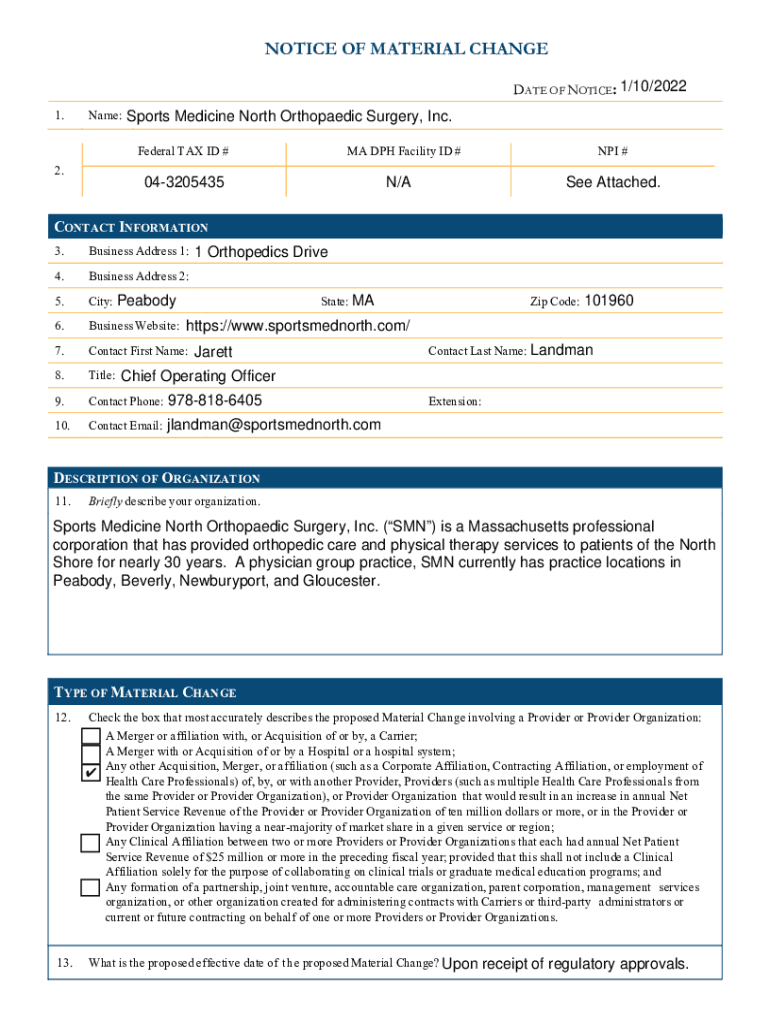 Fillable Online NOTICE OF MATERIAL CHANGE FORM - mass.gov Fax Email ...