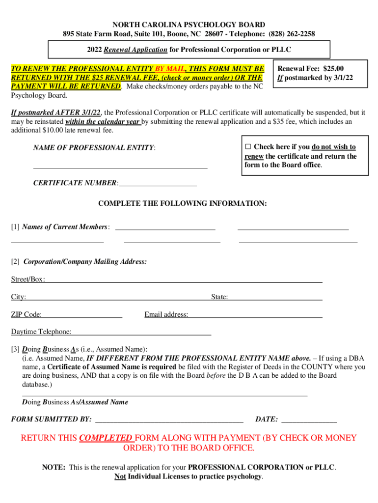 Fillable Online Fillable Online North Carolina Psychology Board 895 ...