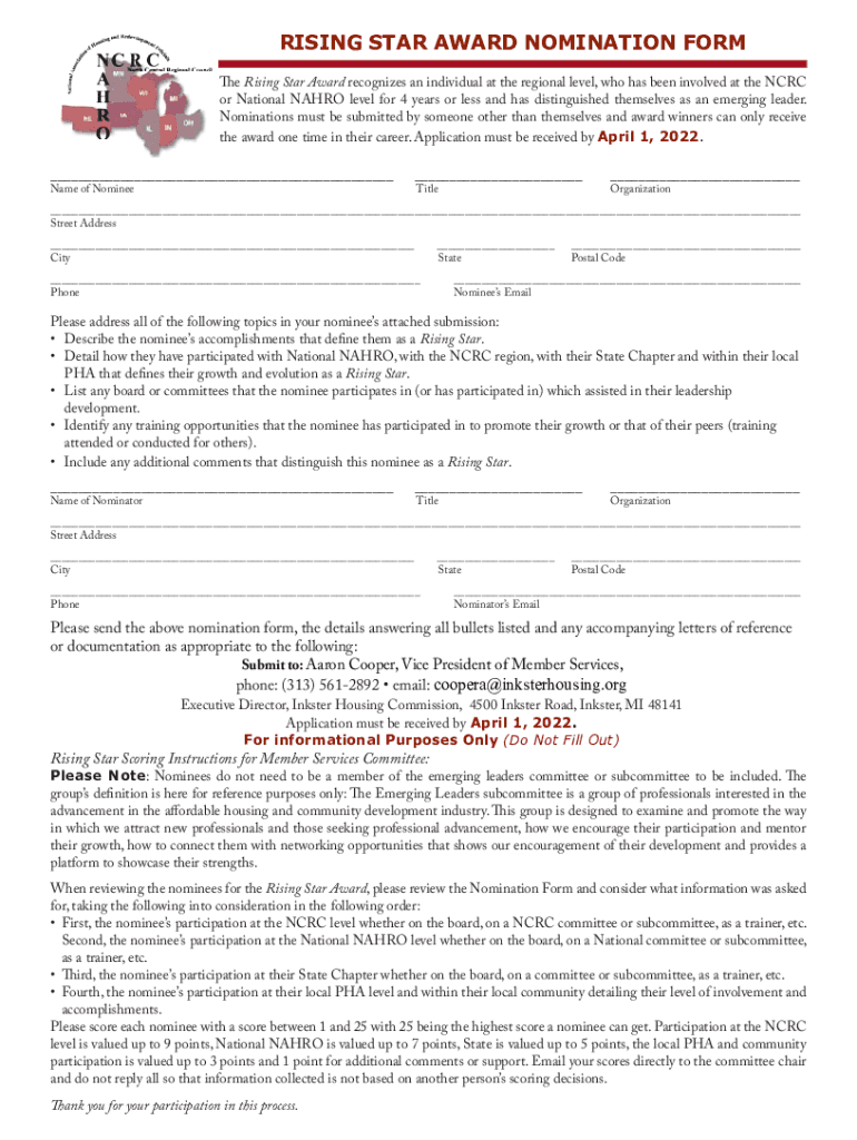 Fillable Online Rising Star Awards Nomination FormMcKendree University ...