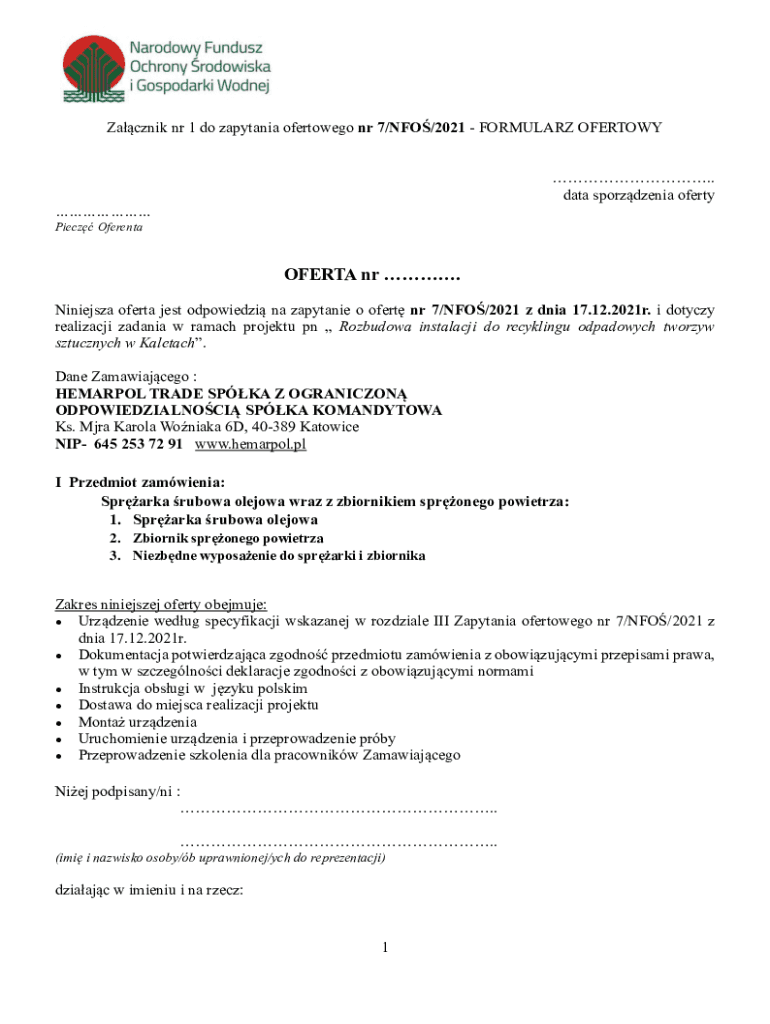 Fillable Online Formularz Ofertowy - Zacznik nr 1 do Zapytania ...