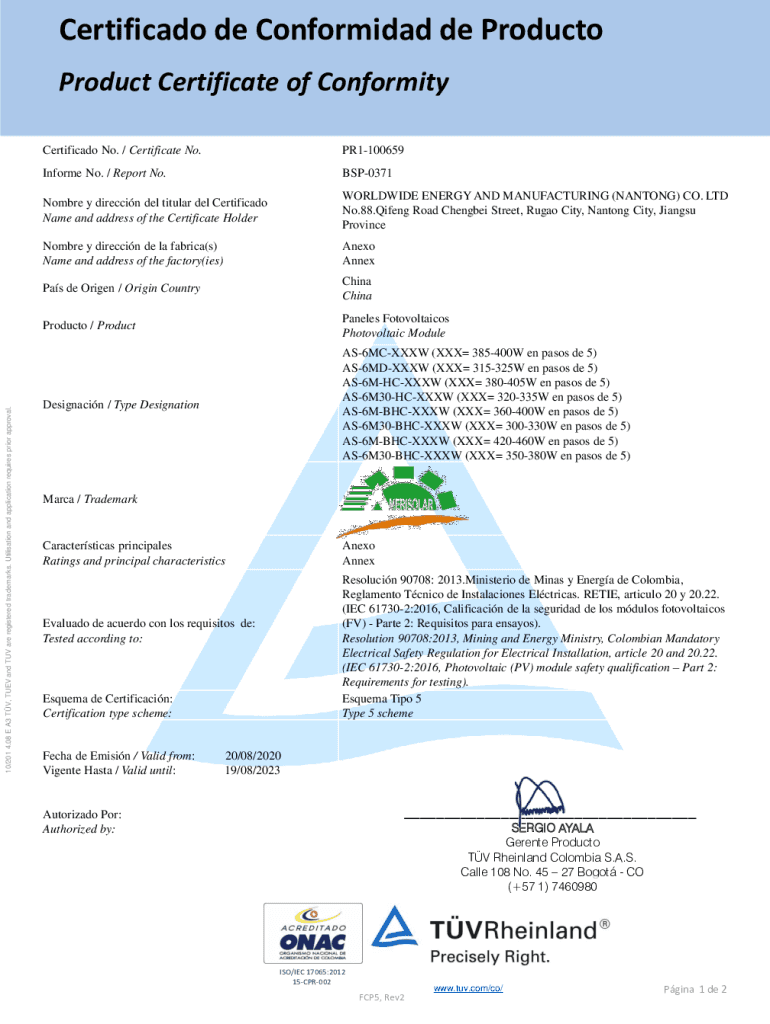 Fillable Online Product Certificate of Conformity - Amerisolar Fax ...