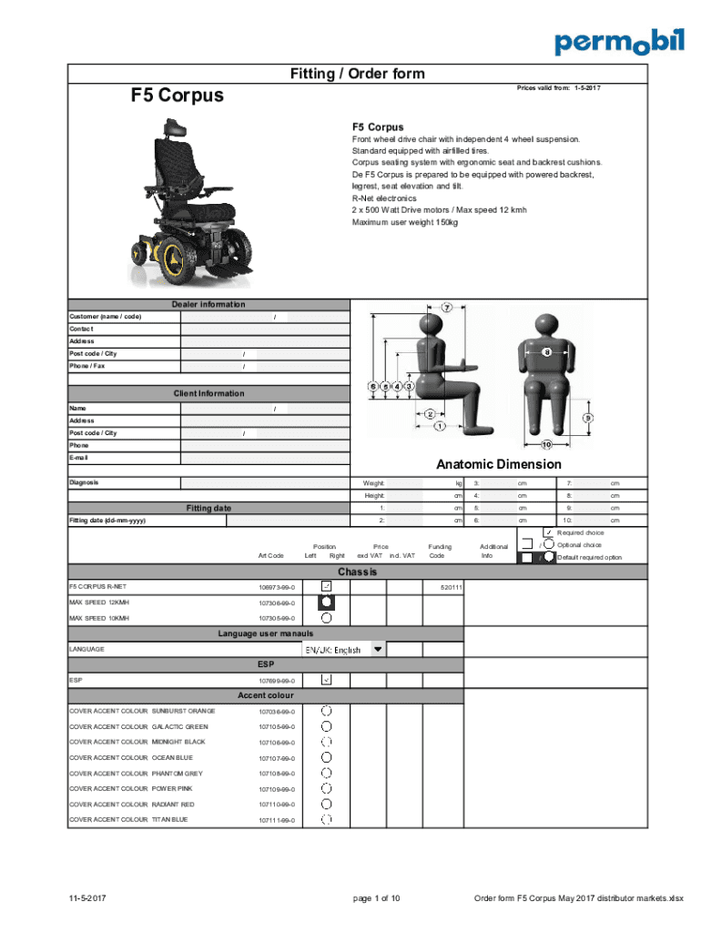 Fillable Online Fitting / Order form F5 Corpus - Lifestyle & Mobility ...