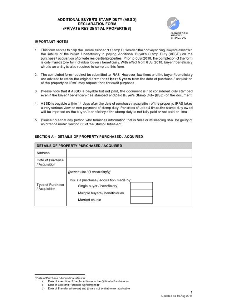 Fillable Online ADDITIONAL BUYER'S STAMP DUTY (ABSD) DECLARATION FORM ...