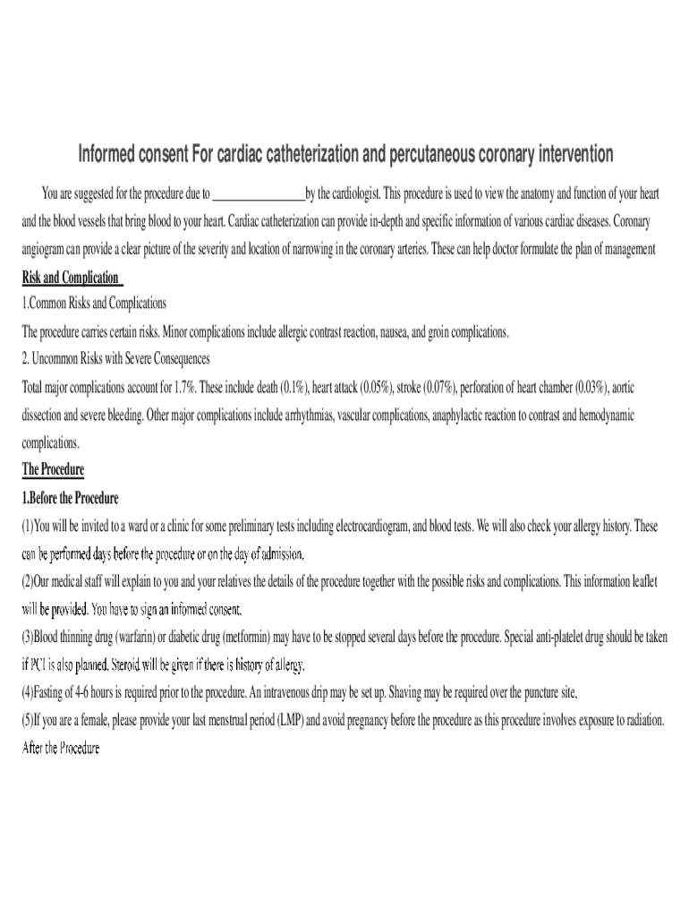 Fillable Online Informed consent For cardiac catheterization and ...