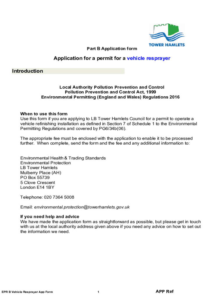 Fillable Online Part B Application form for a vehicle resprayer. Part B ...