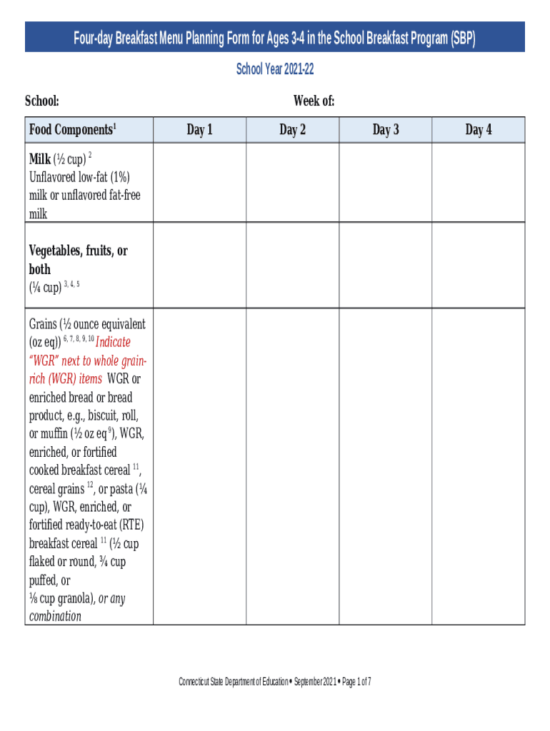 Four-day Breakfast Menu Planning for Ages 3-4 in the SBP Doc Template ...