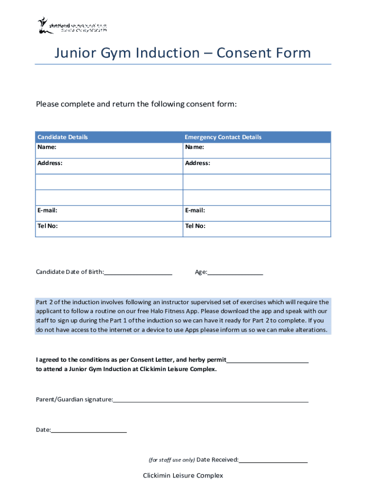 Fillable Online Junior Gym Induction Consent Form (Halo Fitness App ...