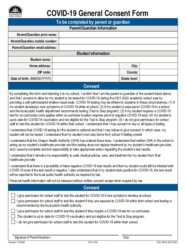 Fillable Online salkeiz k12 or HST-F016-COVID-19 Testing Consent Form ...