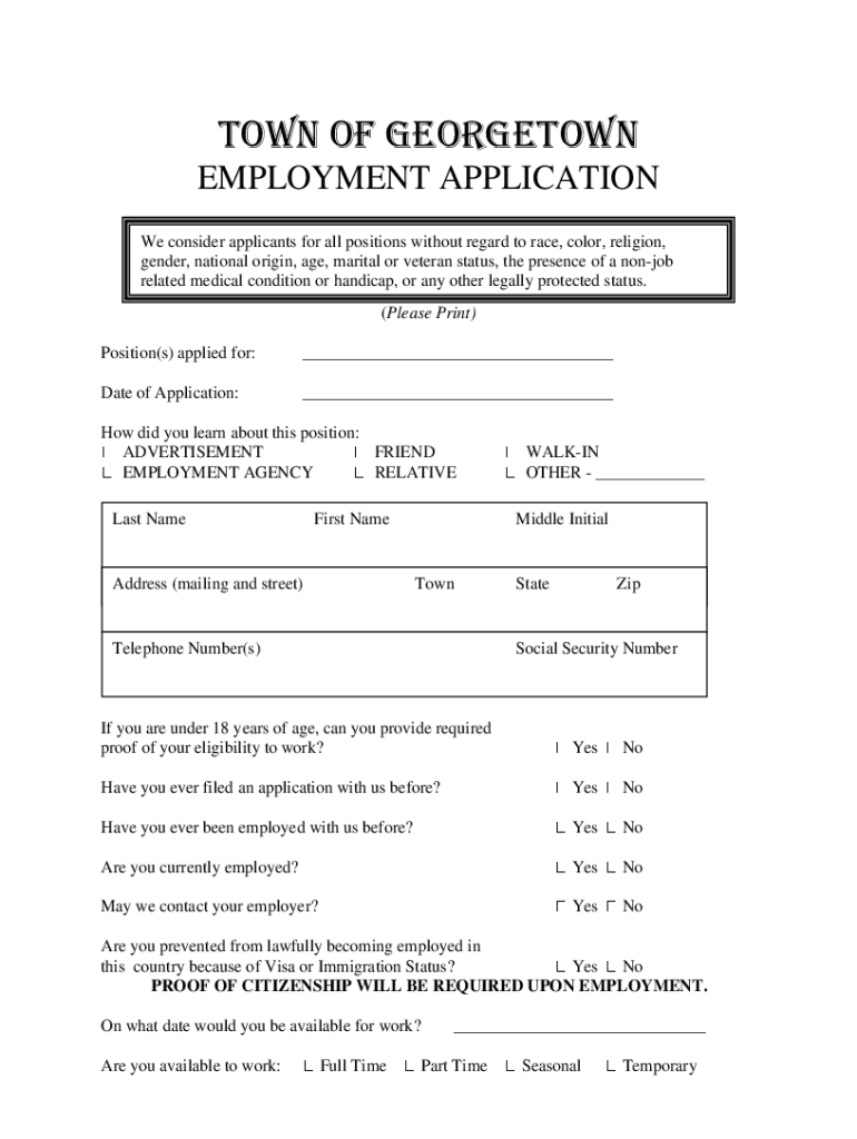 Fillable Online www.townofgeorgetown.usEmployment ApplicationEmployment ...