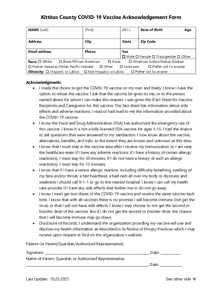 Fillable Online Kittitas County COVID-19 Vaccine Acknowledgement Form ...