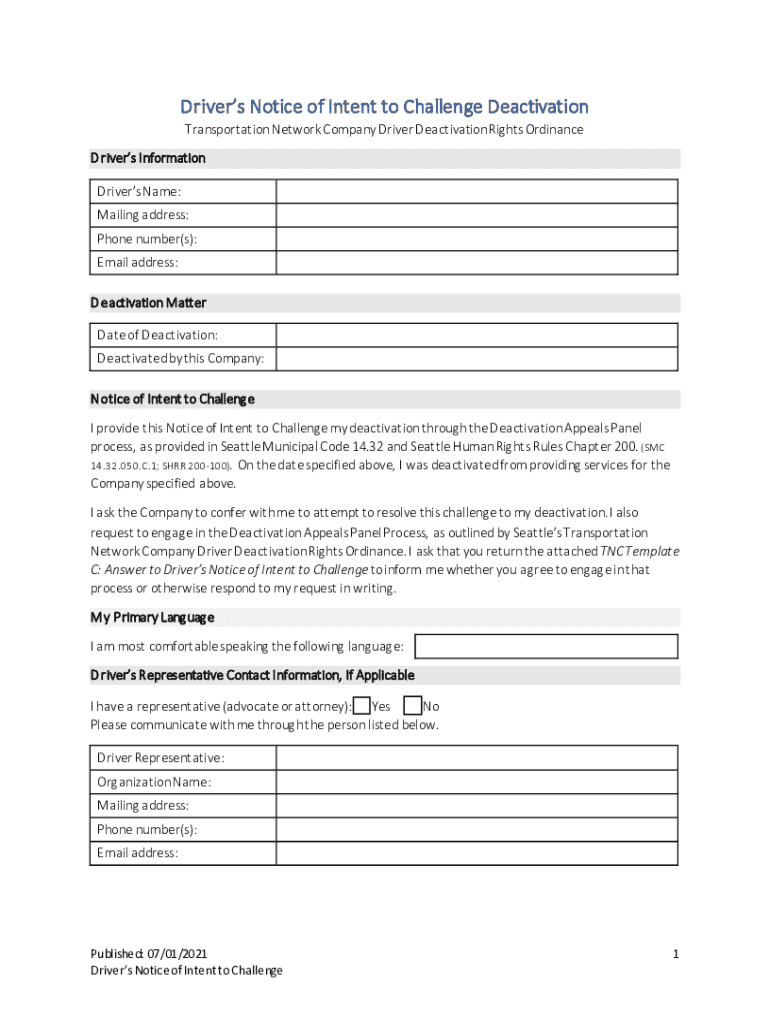 Fillable Online Template: Answer to Drivers Notice of Intent to ...