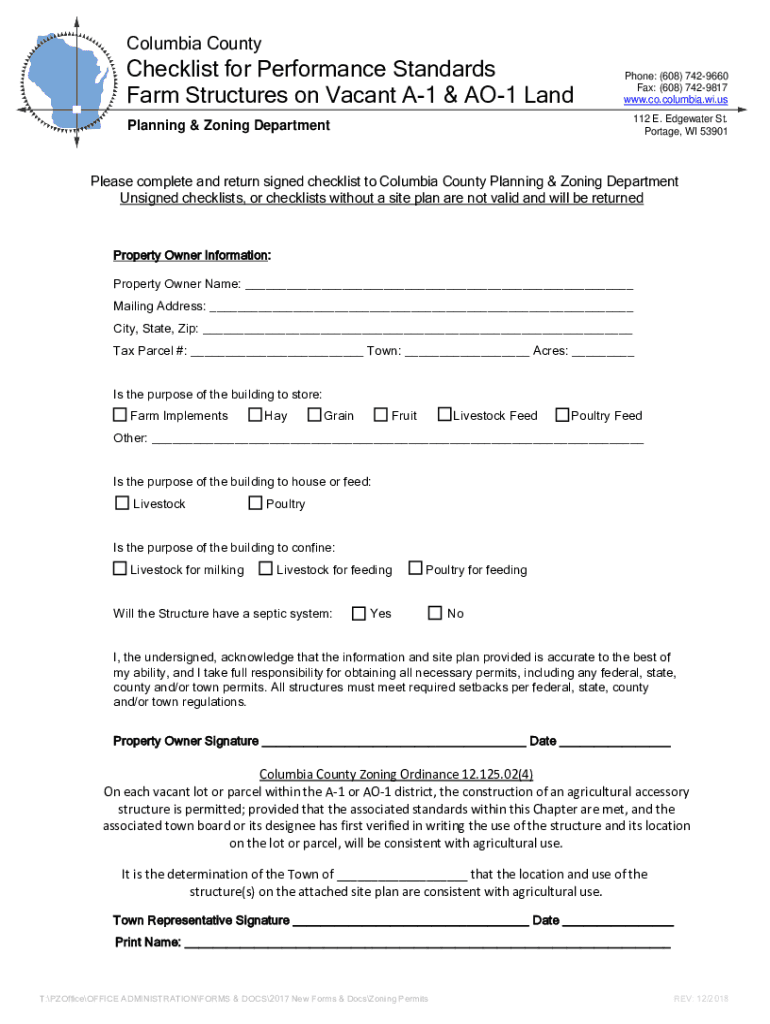 Fillable Online Columbia County Checklist for Performance Standards ...