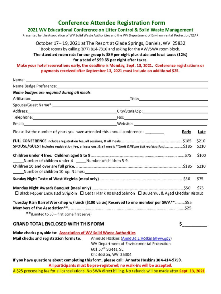 Fillable Online Conference Attendee Registration Form - state.wv.us Fax ...