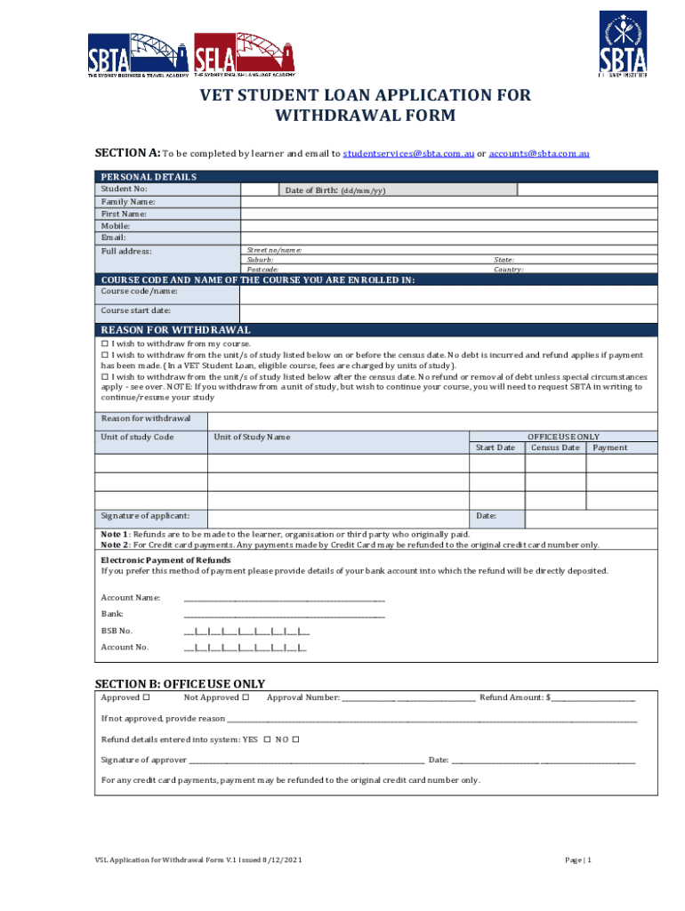 Fillable Online Fillable Online WITHDRAWAL APPLICATION FORM for VET ...
