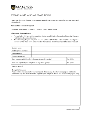 Fillable Online COMPLAINTS AND APPEALS FORM Fax Email Print - pdfFiller