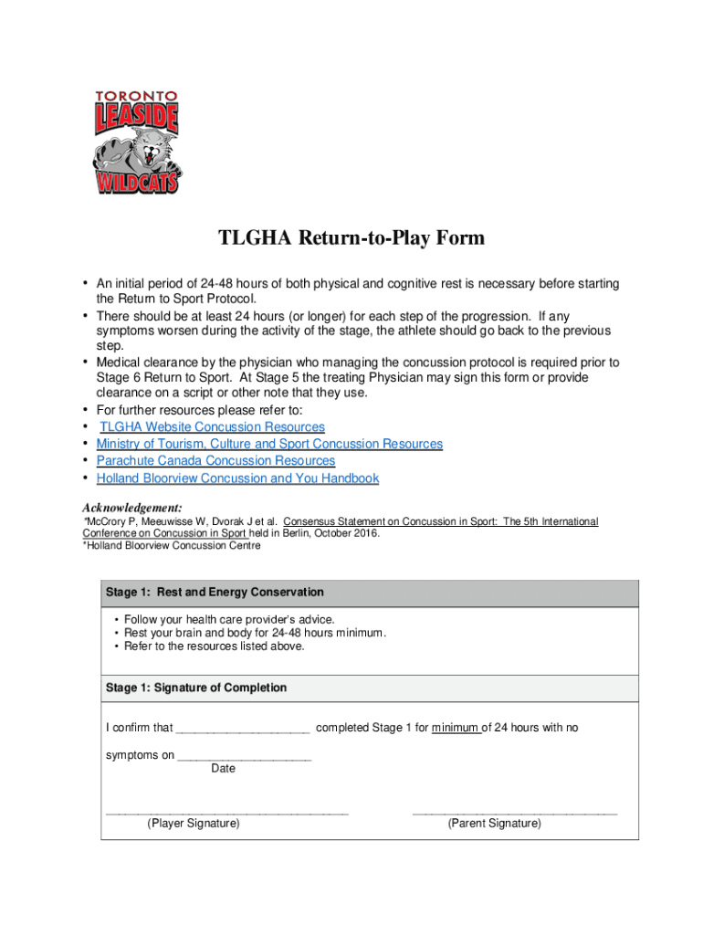 Fillable Online TLGHA Return-to-Play Form Fax Email Print - pdfFiller