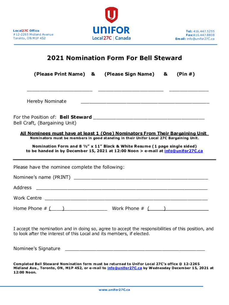 Fillable Online www.unifor27c.ca2021 Nomination Form For Chief Steward ...