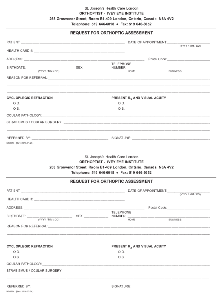Fillable Online www.sjhc.london.on.camedia3617REQUEST FOR ORTHOPTIC ...