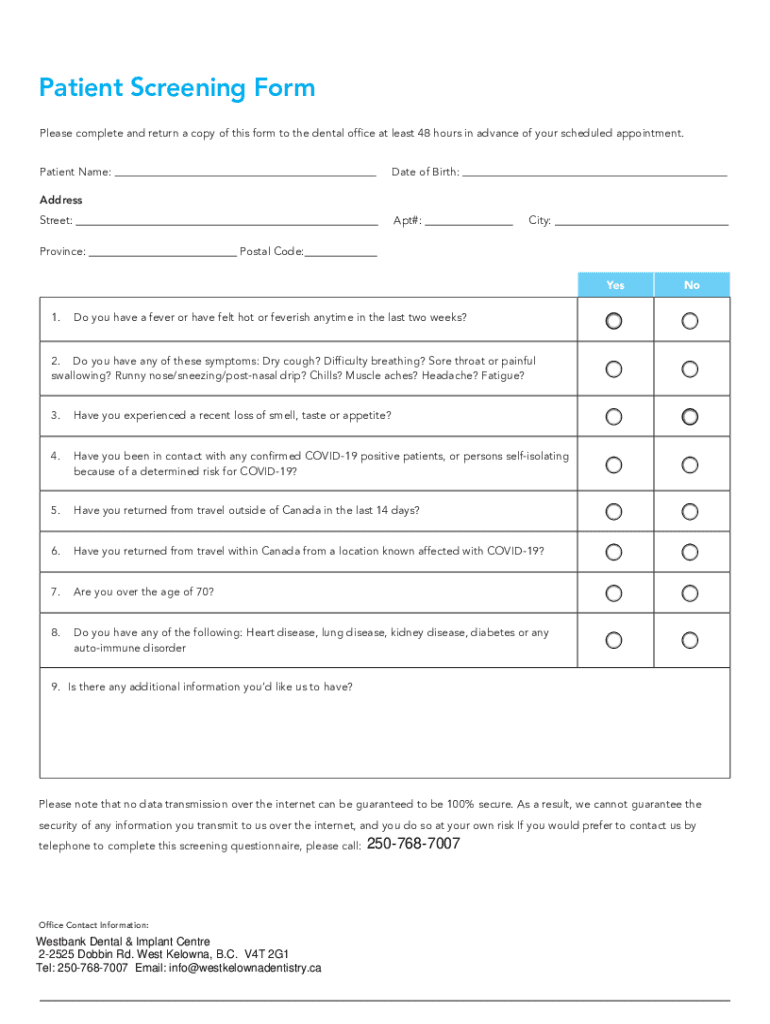 Fillable Online Patient Screening Form - Free Online Form Builder ...