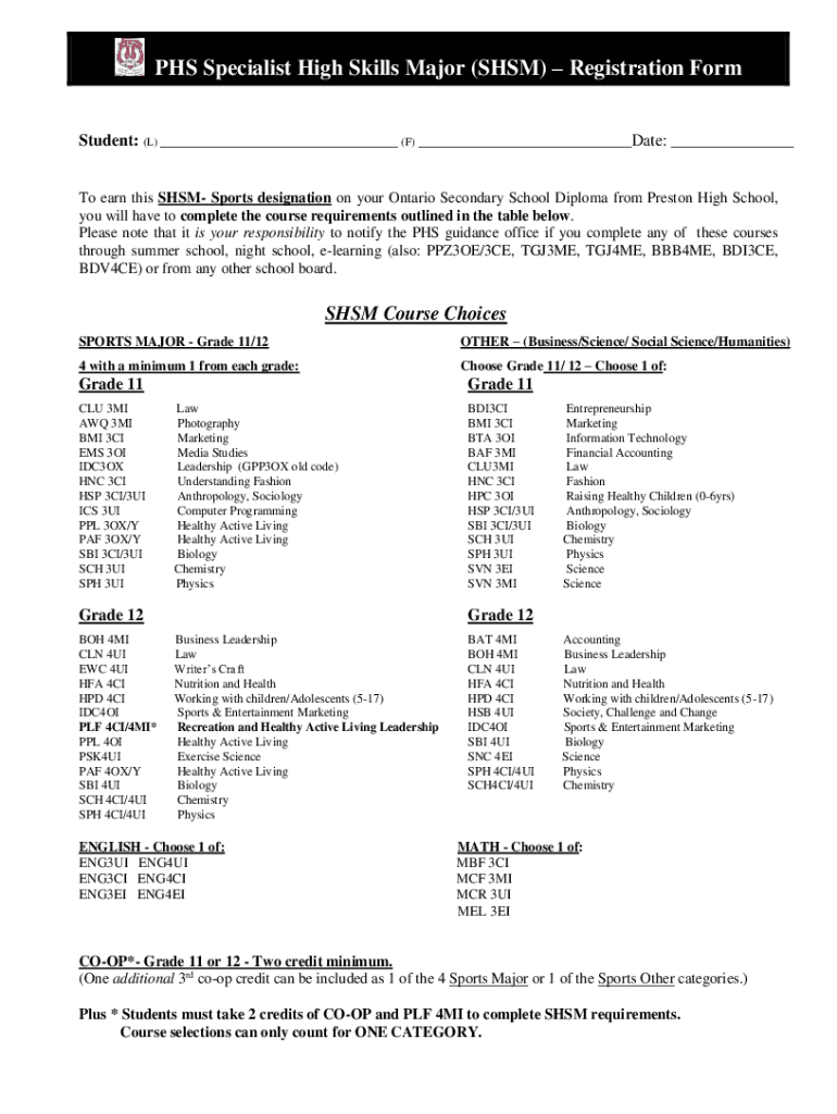 Fillable Online PHS Specialist High Skills Major (SHSM)Registration ...