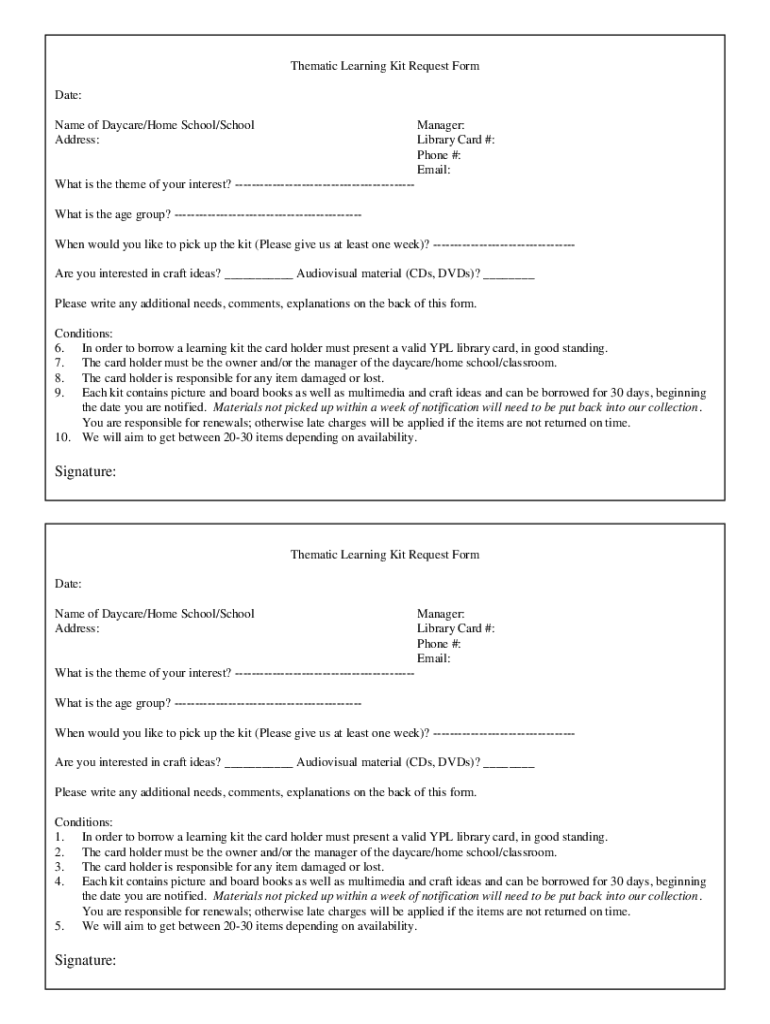 Fillable Online Get the free Thematic Learning Kit Request Form Date ...