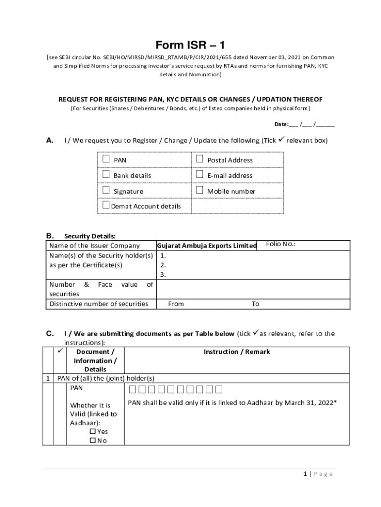 Fillable Online Form ISR-1: Request For Registering Pan, KYC Details or ...