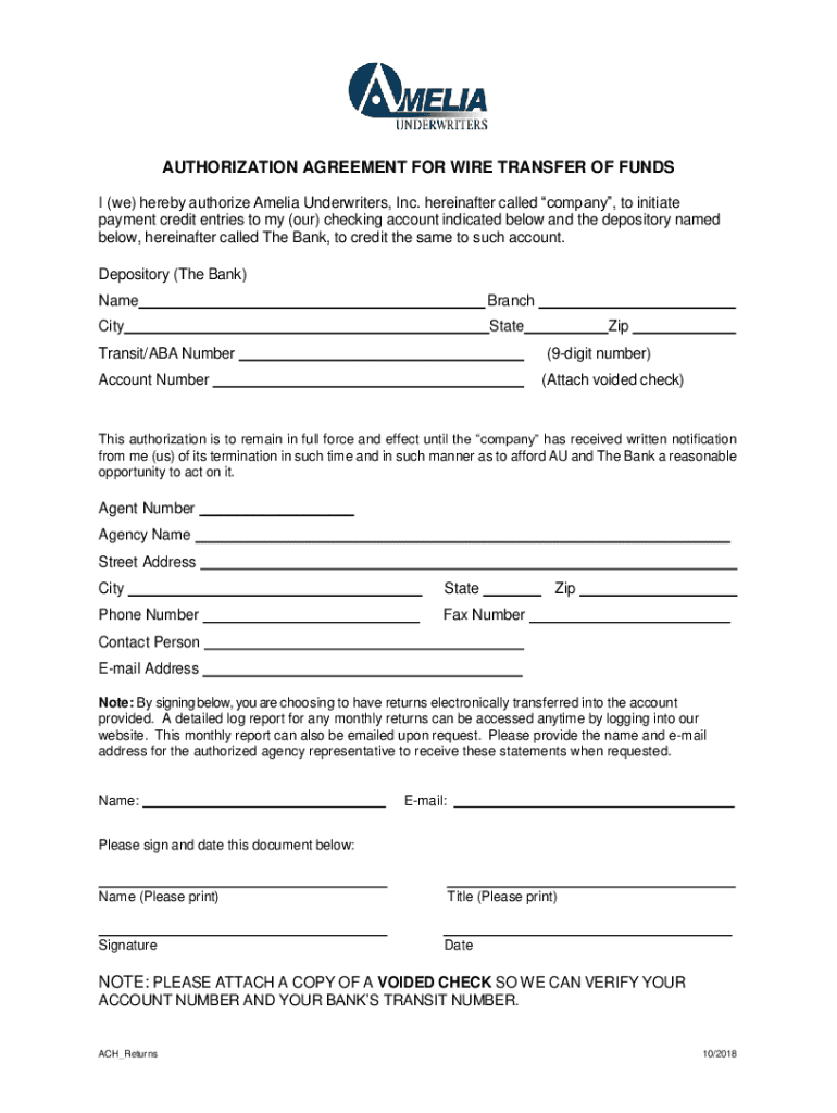 Fillable Online AUTHORIZATION AGREEMENT FOR WIRE TRANSFER OF FUNDS Fax ...