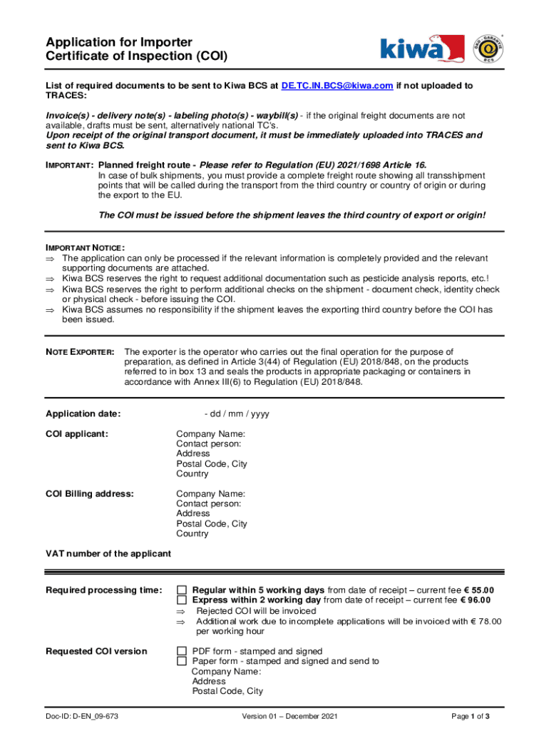 Fillable Online Application for Importer Certificate of Inspection (COI ...