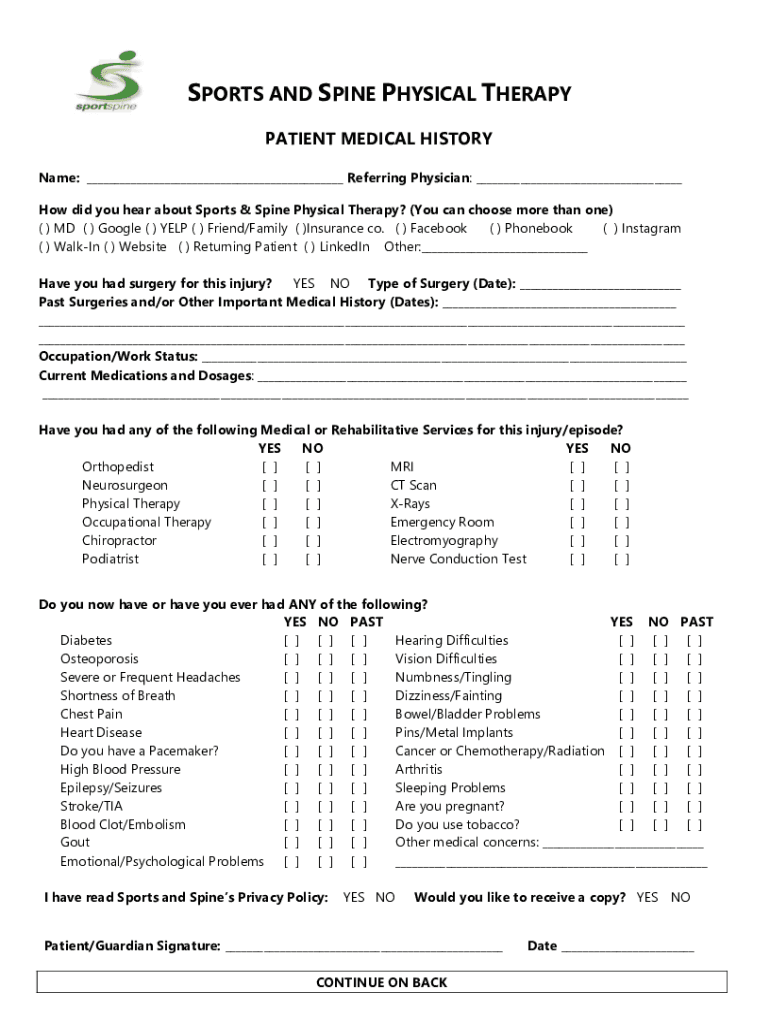 Fillable Online PATIENT MEDICAL HISTORY - Sports and Spine Physical ...