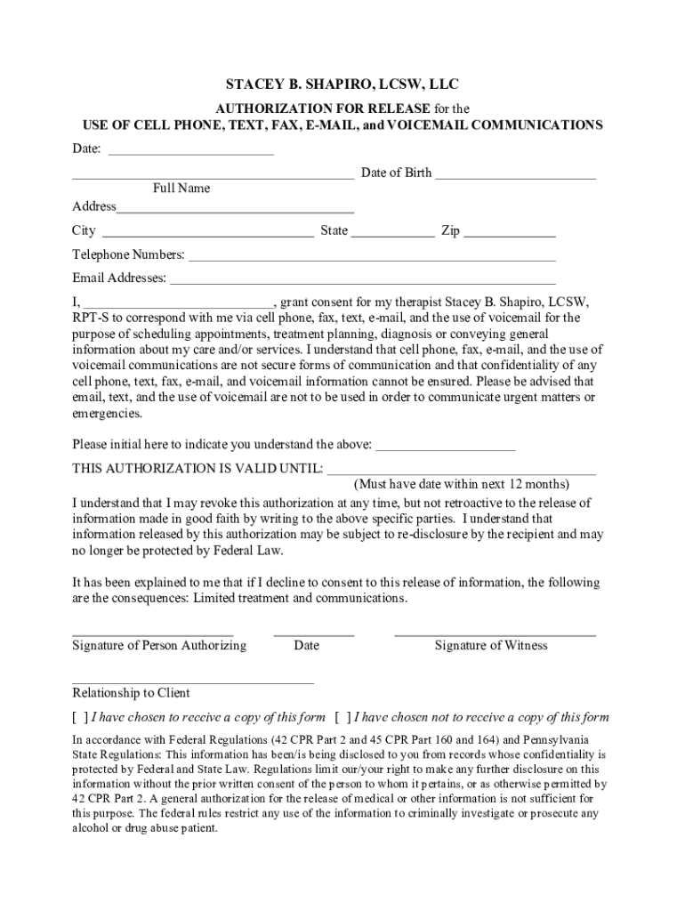 Fillable Online STACEY B SHAPIRO-Authorization for Communications form ...