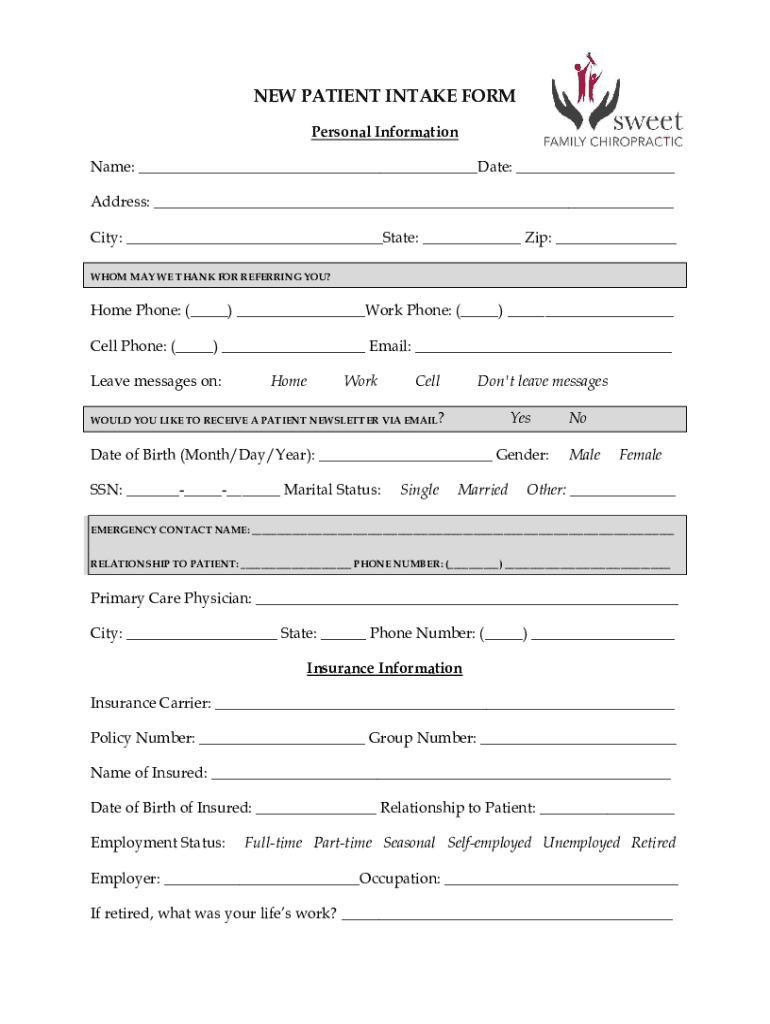 Fillable Online NEW PATIENT INTAKE FORM - Daly Integrated Medical Group ...