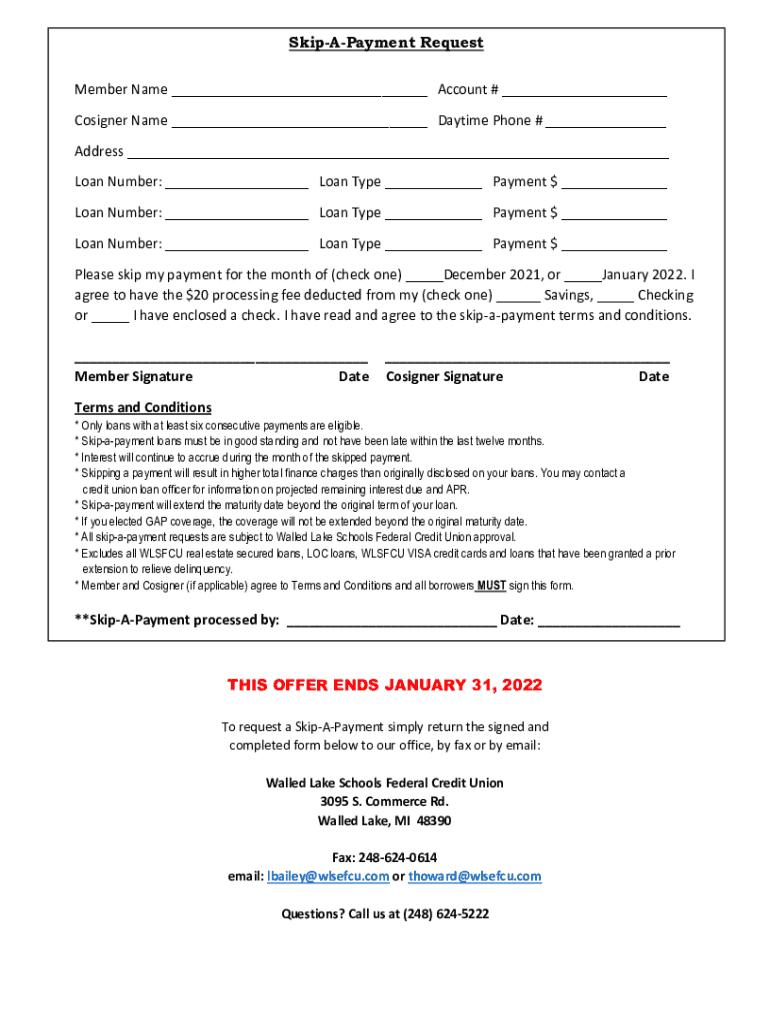 Fillable Online Skip-A-Payment Request - wlsefcu.com Fax Email Print - pdfFiller