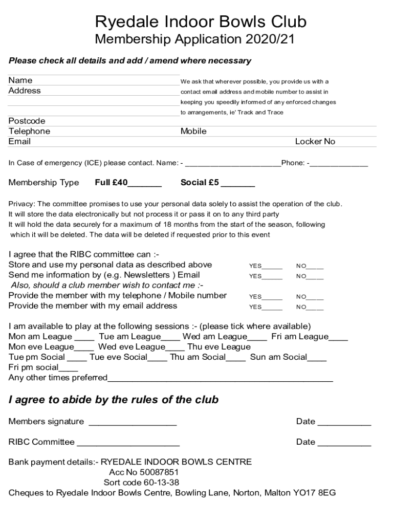Fillable Online Ryedale Indoor Bowls Club Fax Email Print - pdfFiller