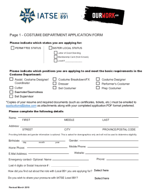 Fillable Online Page 1 - COSTUME DEPARTMENT APPLICATION FORM - Free ...