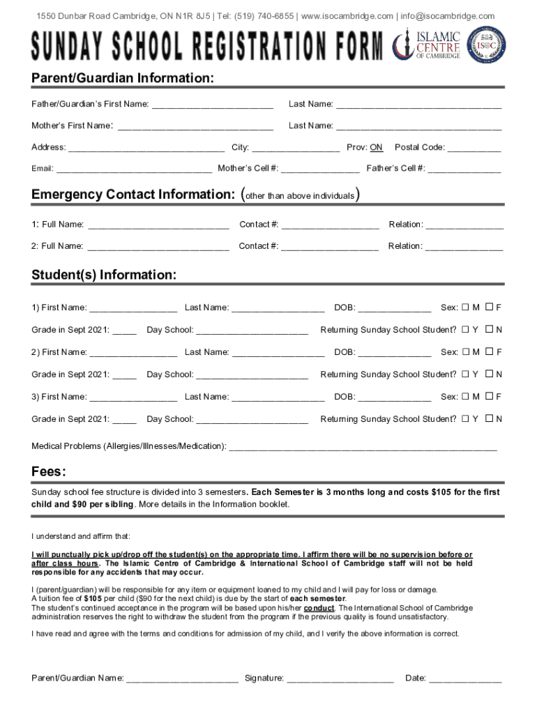 Fillable Online ICC19-120 - Registration Form - Sunday School -New Fax ...