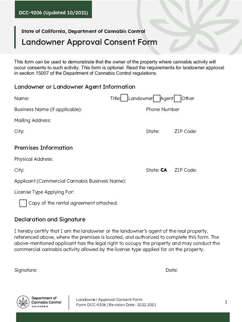 Fillable Online Department of Cannabis Control, Landowner Approval ...