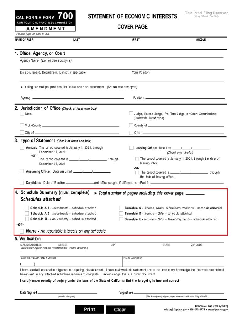 Fillable Online fppc ca Fillable Online fppc ca Amendments Form 700 ...