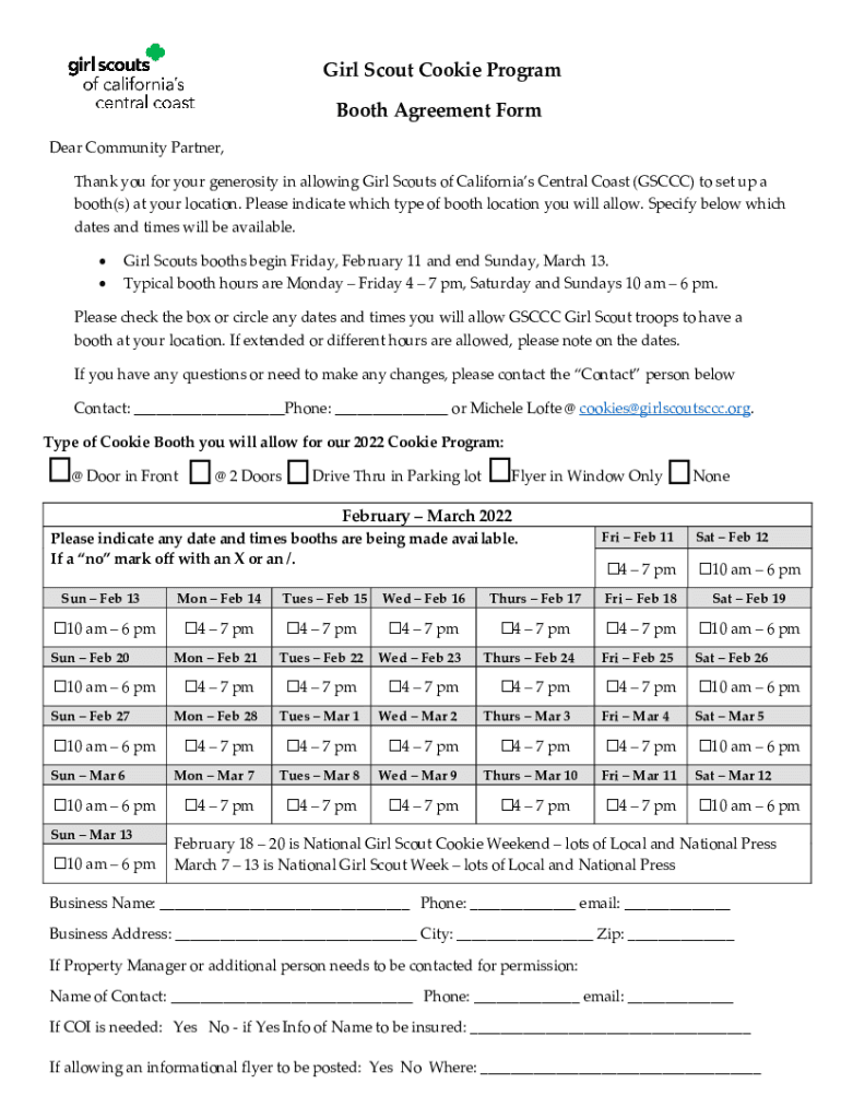 Fillable Online Girl Scout Cookie Program Booth Agreement Form Fax ...