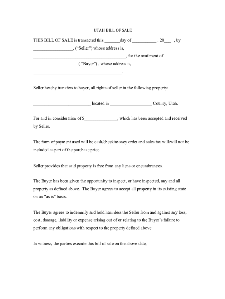 Fillable Online Free Utah Bill of Sale FormsPDFWord (.doc)Free Utah ...