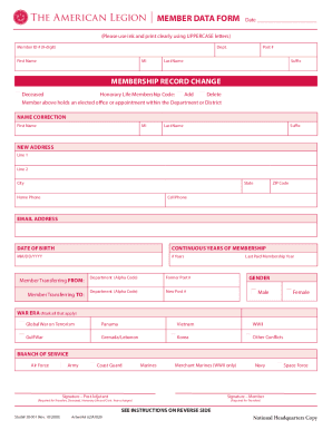 Fillable Online THE AMERICAN LEGION I MEMBER DATA FORM I Dept. Post# I ...