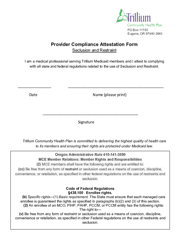 Fillable Online TCHP - Seclusion and Restraint Provider Attestation ...